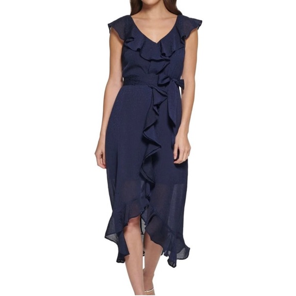 Dkny | Dresses | Nwt Dkny Womens Navy Blue Chiffon Ruffled Midi Dress ...